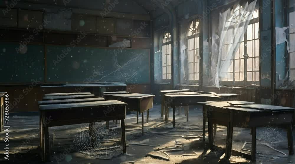 A scene of an abandoned classroom that is dusty and full of spider webs ...