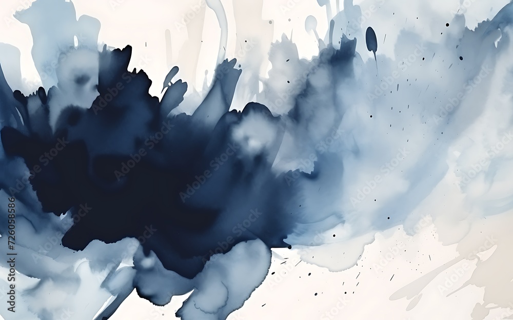 dusty navy blue watercolor fluid splatter painting. Snow,ice or veil ...