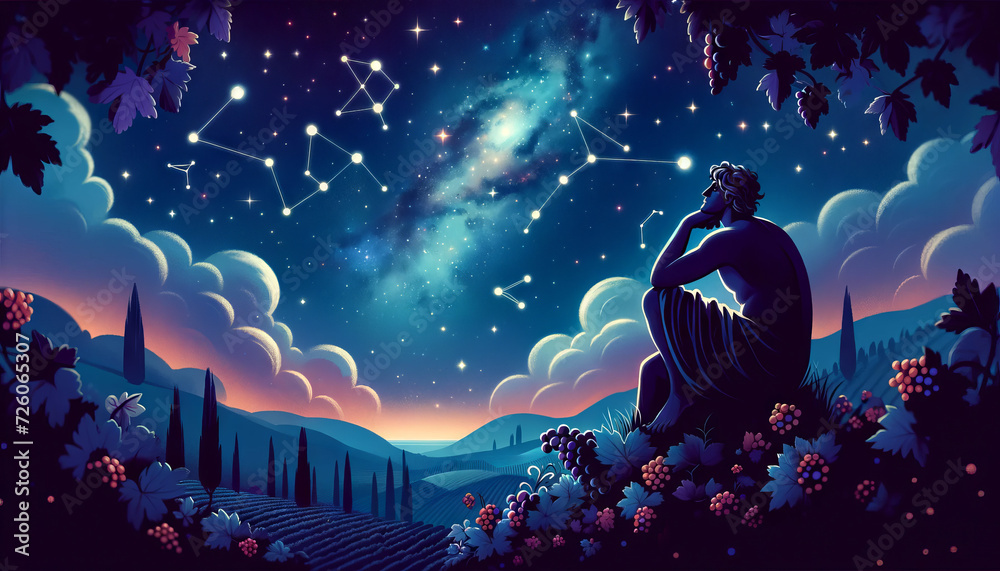 A whimsical, animated art style depiction of Dionysus and the Stars ...