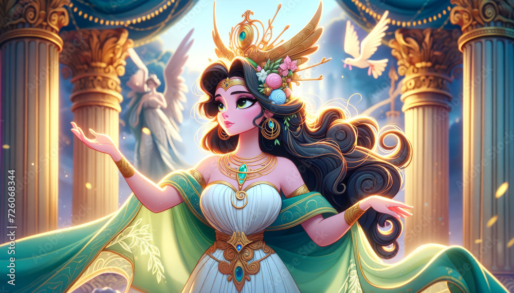 A whimsical, animated art style depiction of Hera, the Queen of the ...