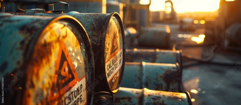 In daylight, the hazardous chemical drum barrels, labeled as corrosive ...