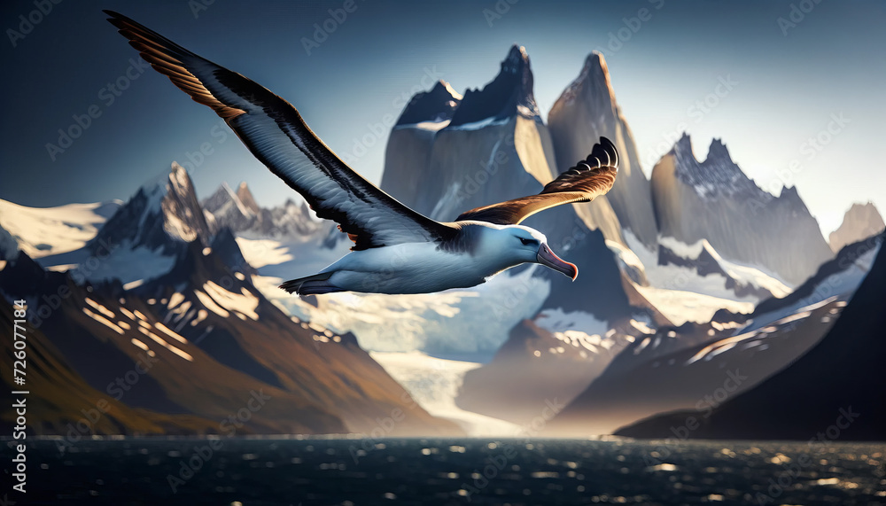 Albatross in mid-flight with mountains in the background, showcasing a ...