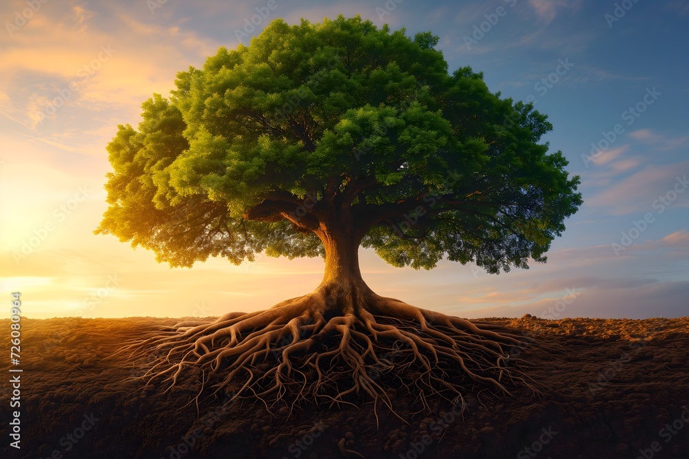 Tree with intertwined roots signifies teamwork's strength. Branches ...