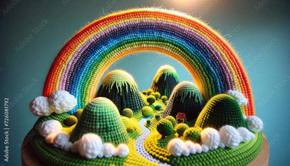 A whimsical and animated crocheted landscape artwork featuring a ...