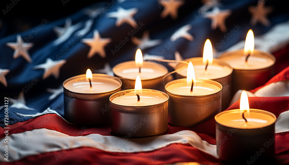 American flag burning, candlelight glowing, symbol of patriotism and ...