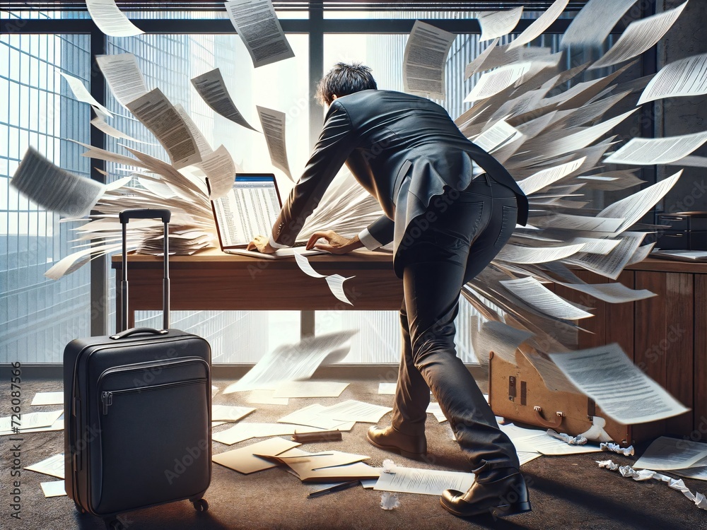 Businessman bent over laptop with documents exploding out, in a messy ...