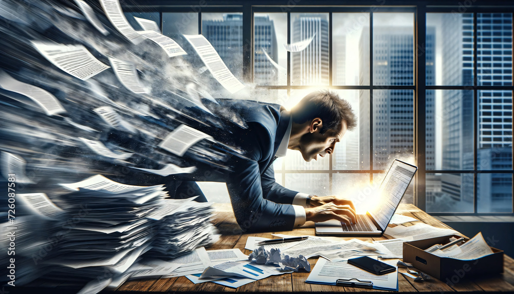 Businessman bent over laptop with documents exploding out, in a messy ...