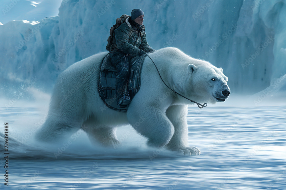 Modern day hunter riding a polar bear on a saddle across the Canadian ...