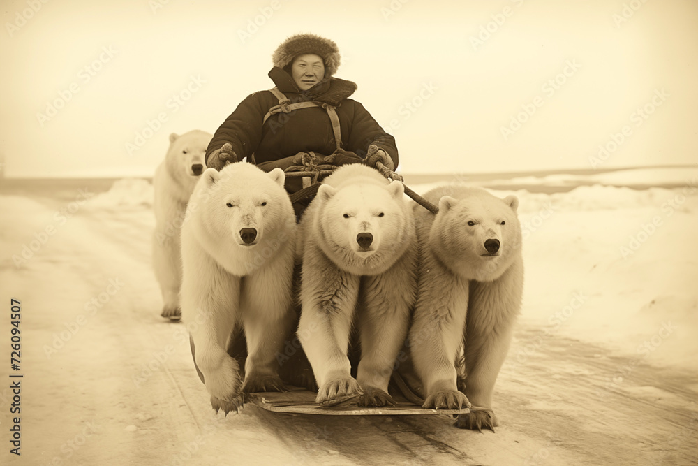 Vintage photo from the 1800's of an Inuit hunter on her sled with her ...