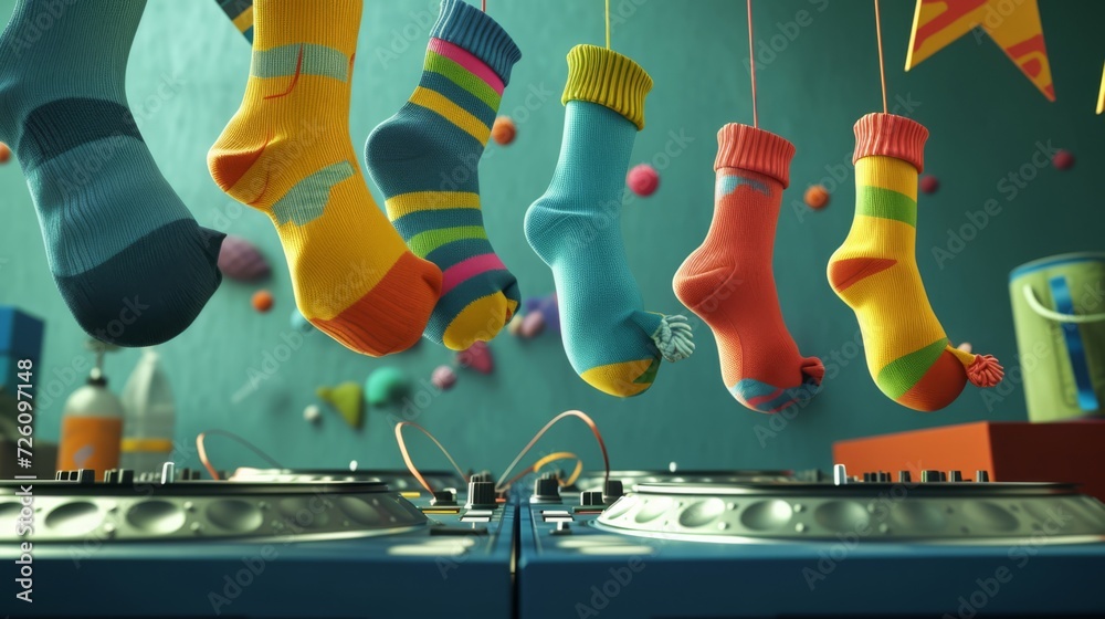 Cartoon scene of a group of colorful socks doing the Electric Slide ...