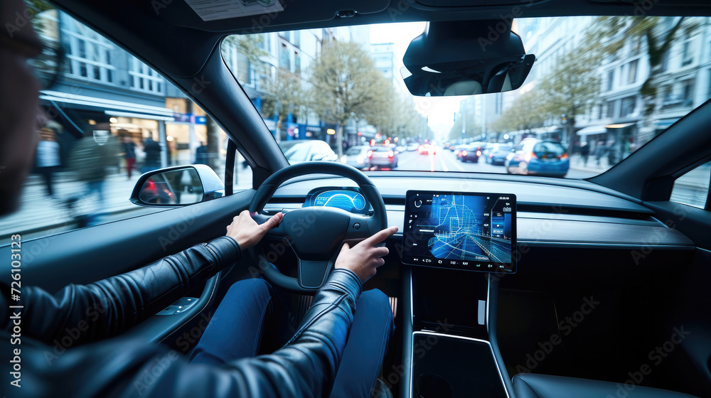 Interior shot from the driver perspective, showing a driver interacting ...