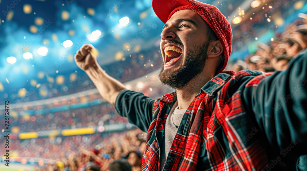 Excited Sports Fan Cheering in Stadium.Euphoric male sports fan ...