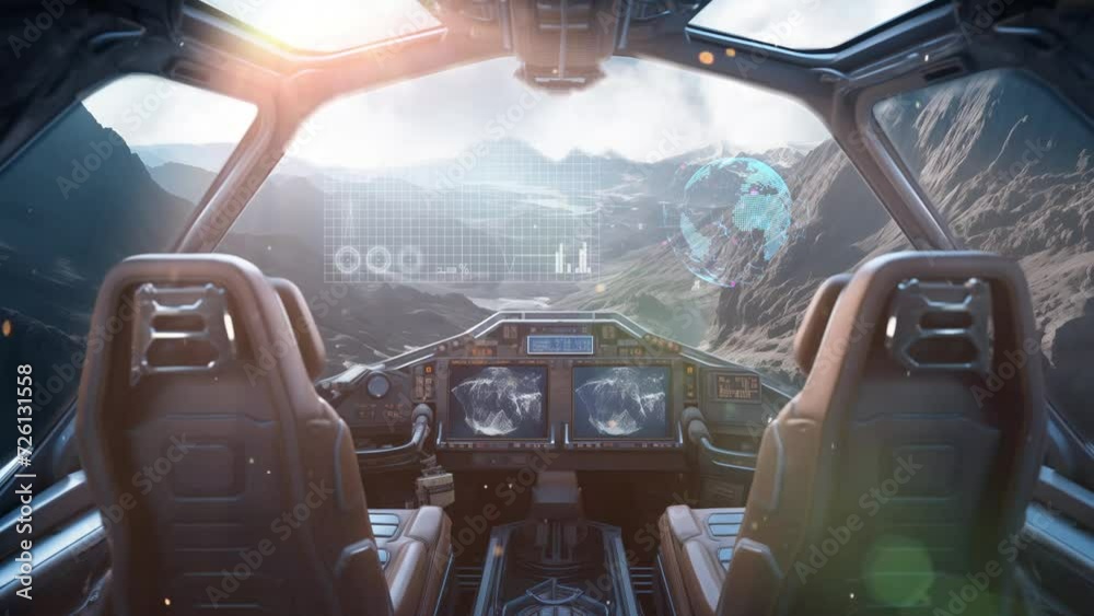 space ship futuristic interior. Earth view from cabinet. Concept of ...