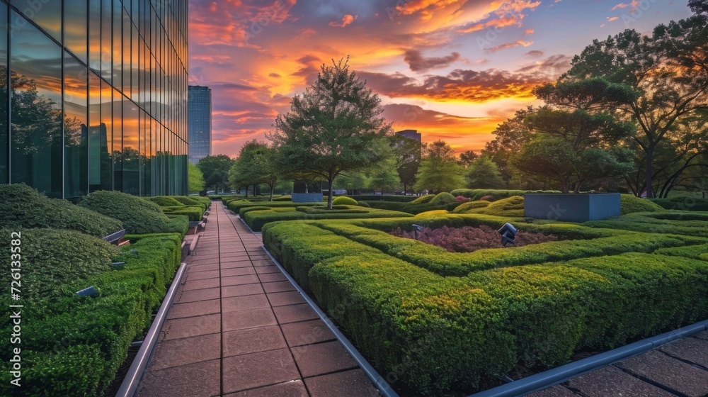 Against the backdrop of a colorful sunset the manicured hedges and ...