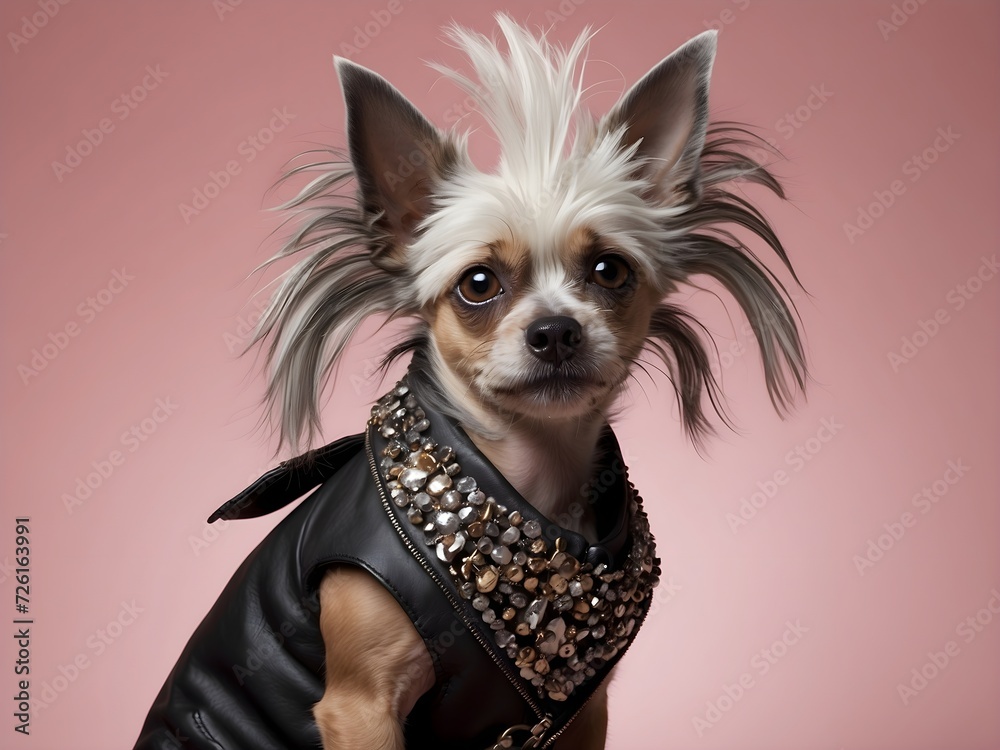 Cool looking punk rock dog wearing funky fashion jacket, spike hair ...