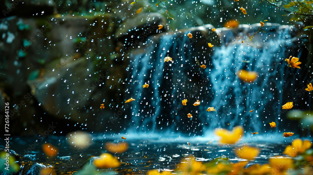 A playful cascade of water droplets descends from a waterfall, catching ...