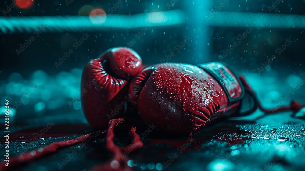 A pair of red boxing gloves lying in the ring after a fight. blood and ...