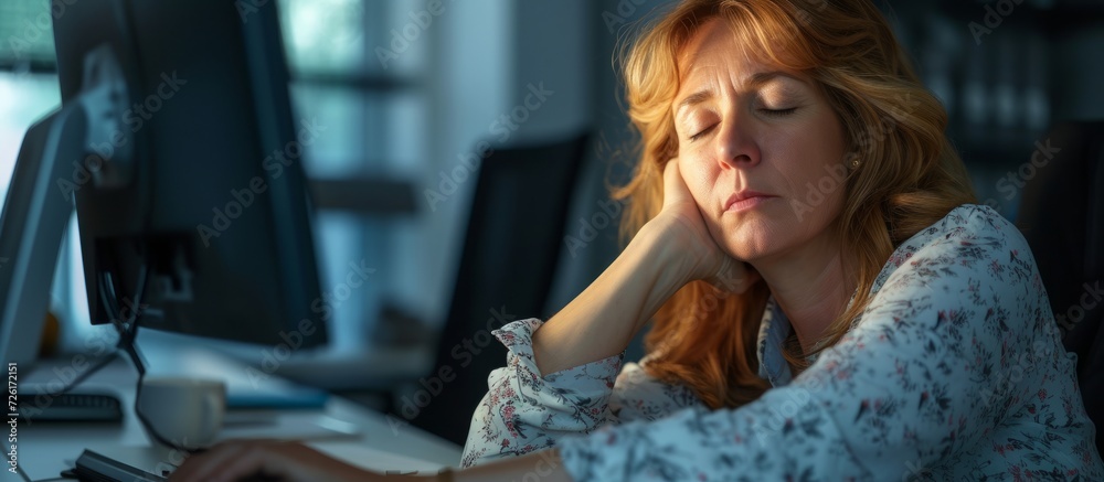 Exhausted middle-aged female manager feeling overworked, needs energy ...
