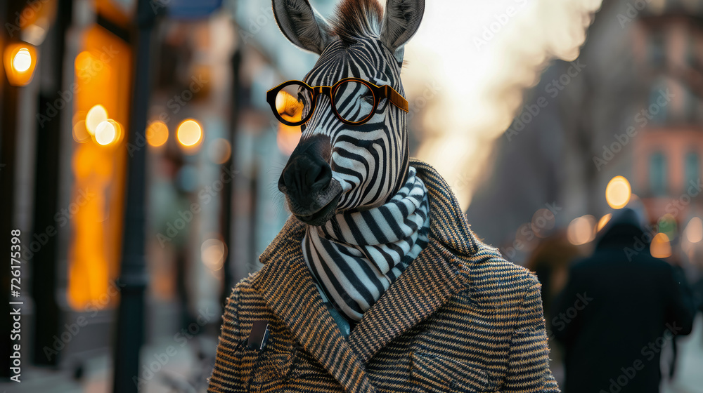 Fashionable zebra strides through city streets in tailored elegance ...