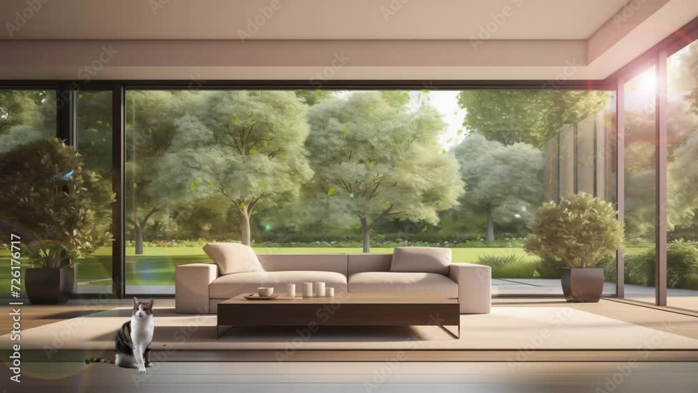 modern empty living room interior design and garden. illustration of ...