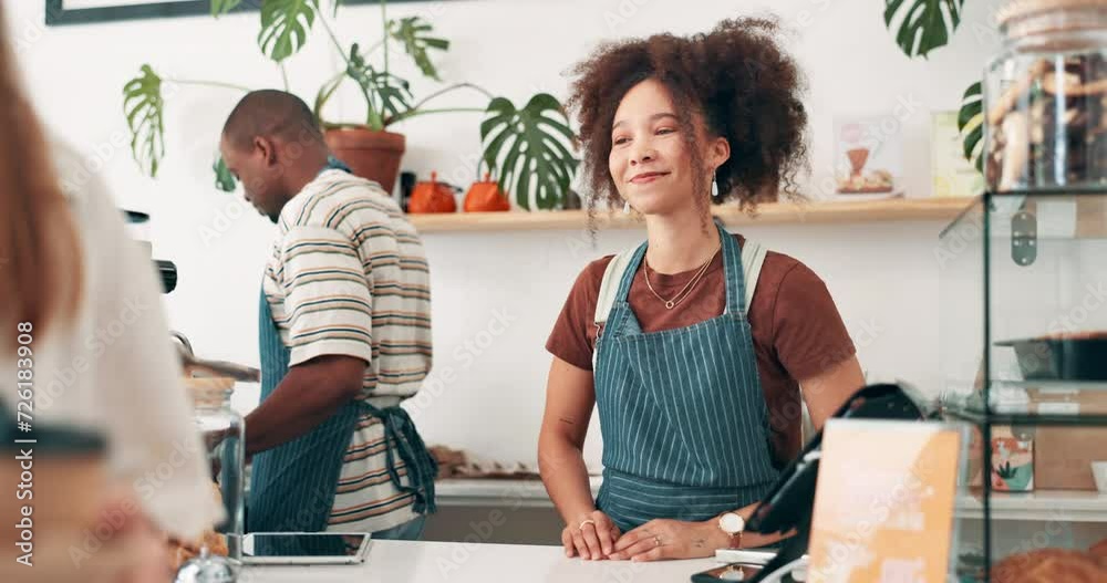 Vidéo Stock Cashier, cafe food and customer service at counter with ...