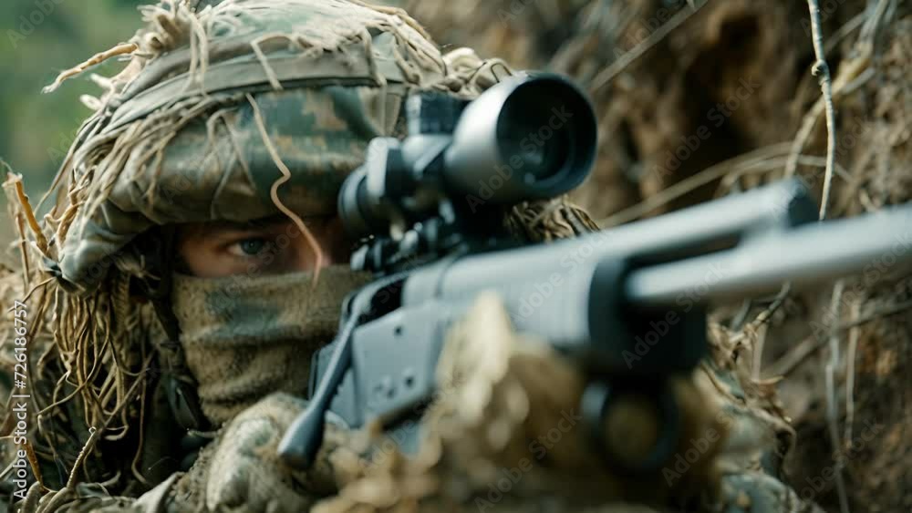 An experienced soldier looks through the scope of his rifle, his ...