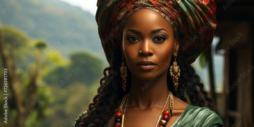 Regal African woman in traditional attire standing with a poised gaze ...