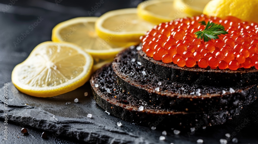 Elegant presentation of black and red fish caviar, served with a zesty ...