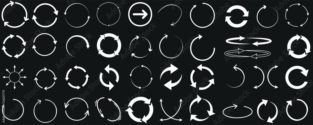 White circular arrow icons on black, various styles, directions ...