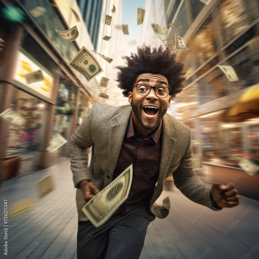 Afro-Haired Man Clutching Money Bag Amidst Flying Cash and Motion Blur ...
