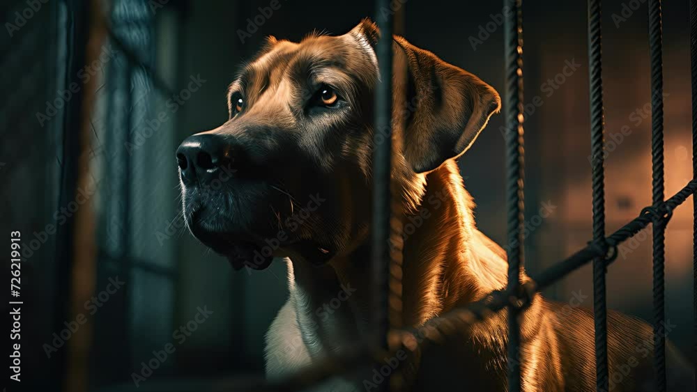 Sad animal shelter dog behind bars in a cage. Created with Generative ...
