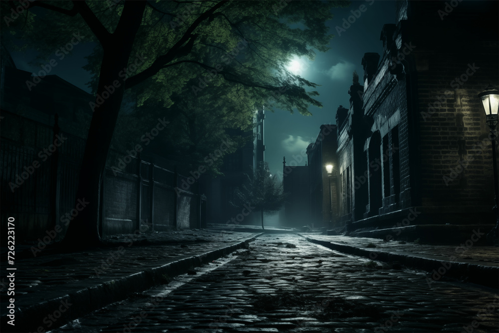 Explore a gothic revival night scene with a brick stone walkway ...