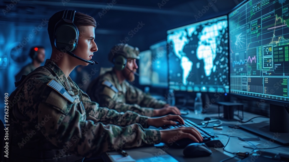 Military personnel in the control room where several monitors display ...