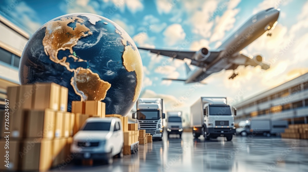 global logistics concept: the globe is set among different modes of ...