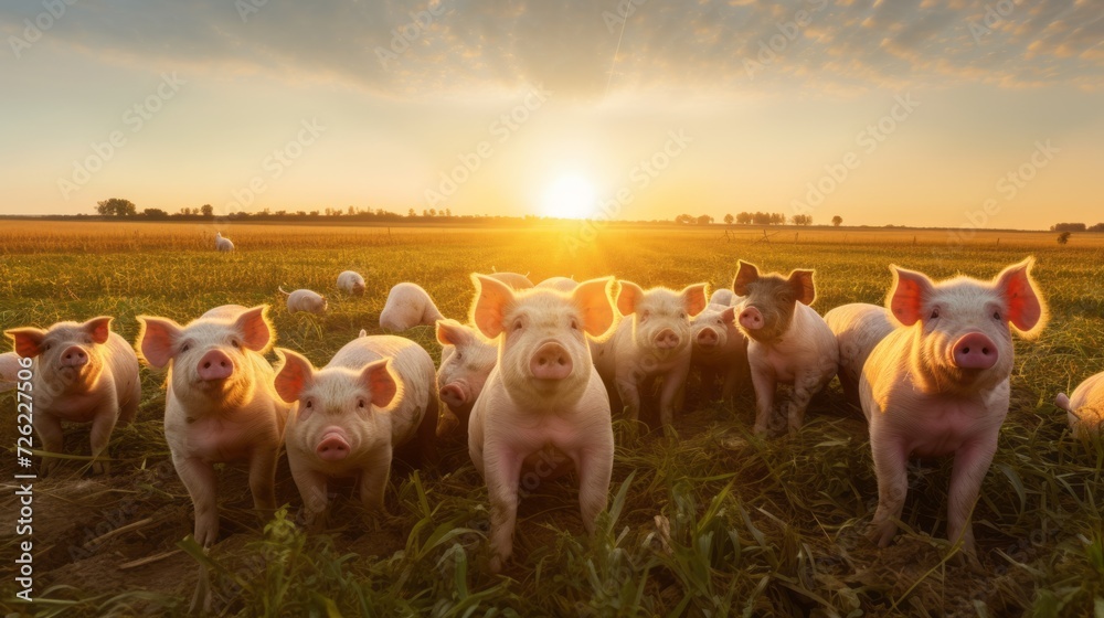 Foto de Little pink piglets graze on a rural pig farm field at sunset ...