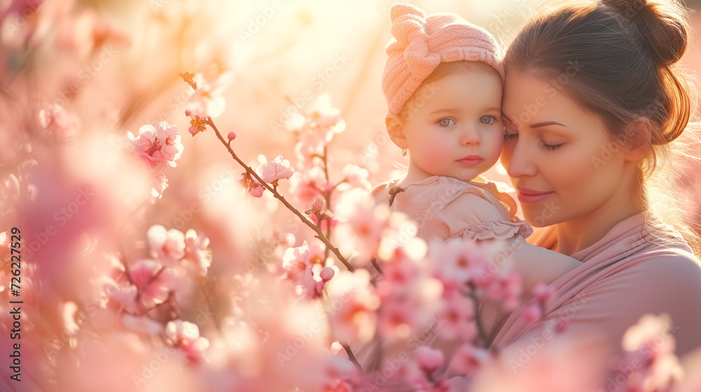 mother and child in a flower field at sunset, mother and daughter in a ...
