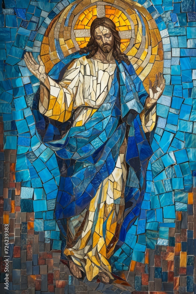 Stained glass painting of Jesus standing in the middle of the window ...