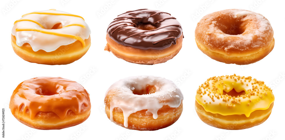 Collection of round donut doughnut, glazed frost sugar set, side view ...