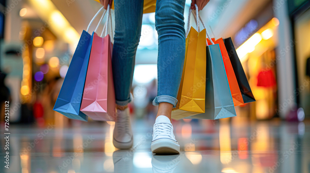 Shopping Spree with Colorful Bags at Mall.Close-up of shopper's feet ...