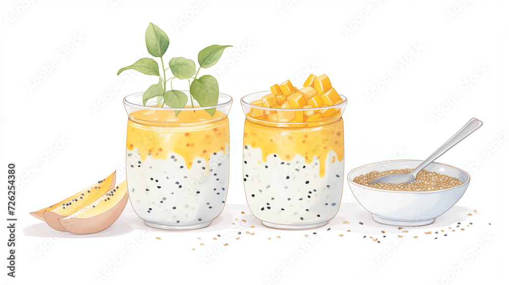Chia and mango seed desserts water color, cartoon, hand drawing ...
