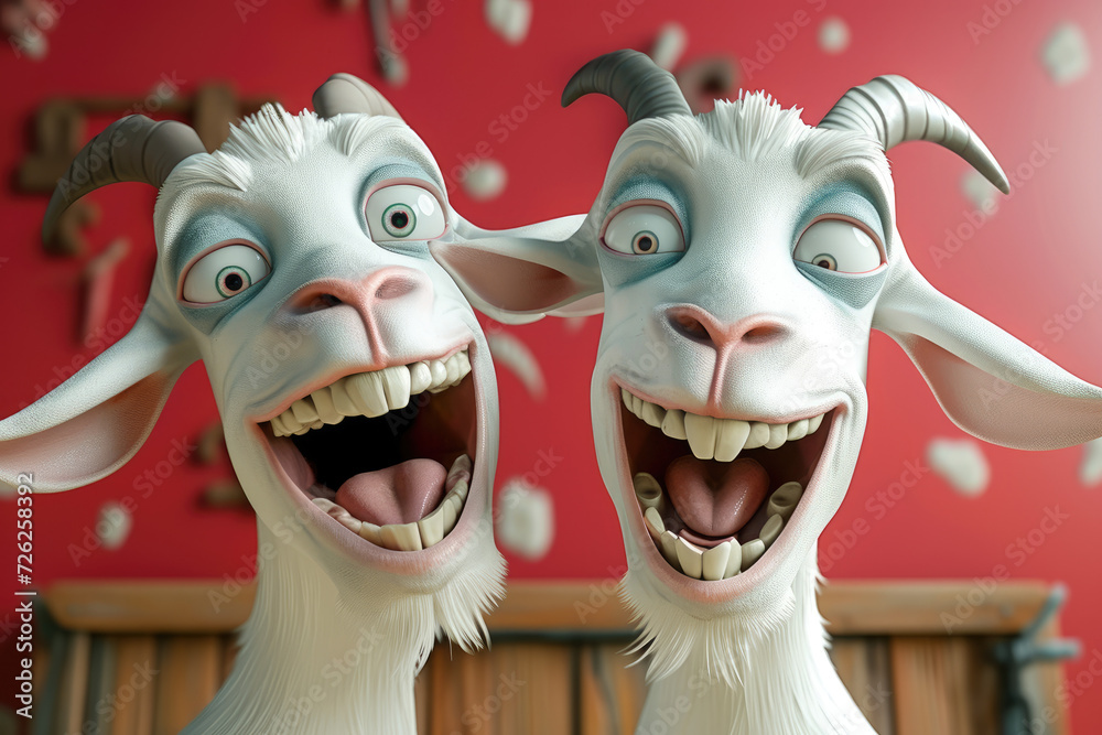 3d cartoon close view of laughing funny happy goats Stock Illustration ...