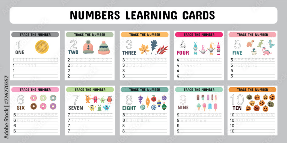 Cards for learning numbers from 1 to 10 . Kids counting worksheets ...