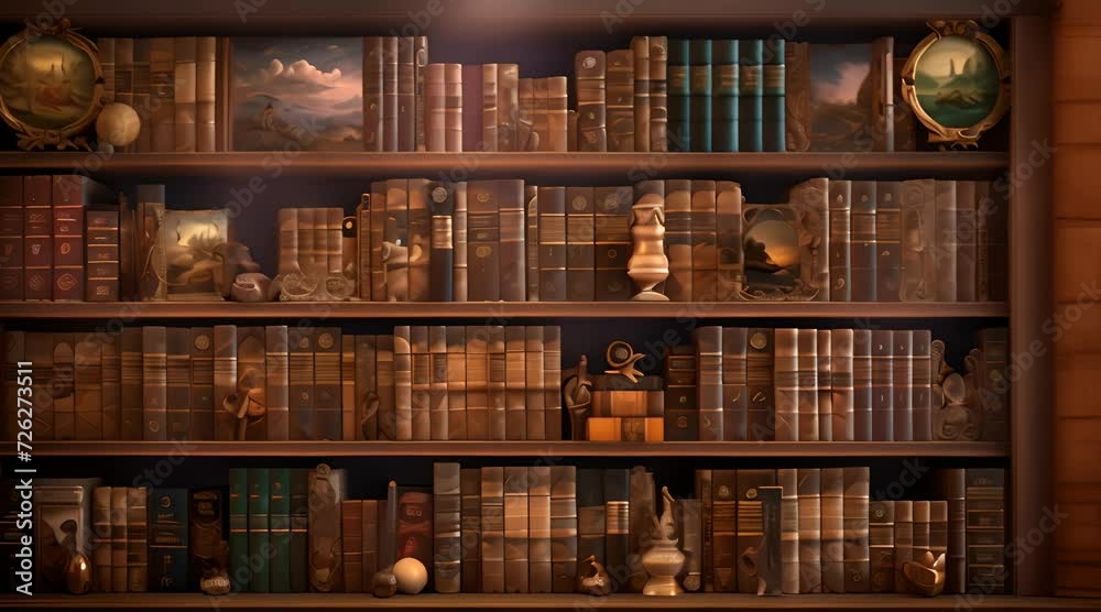 Abstract animation of books in a mystical library. Fluttering pages ...