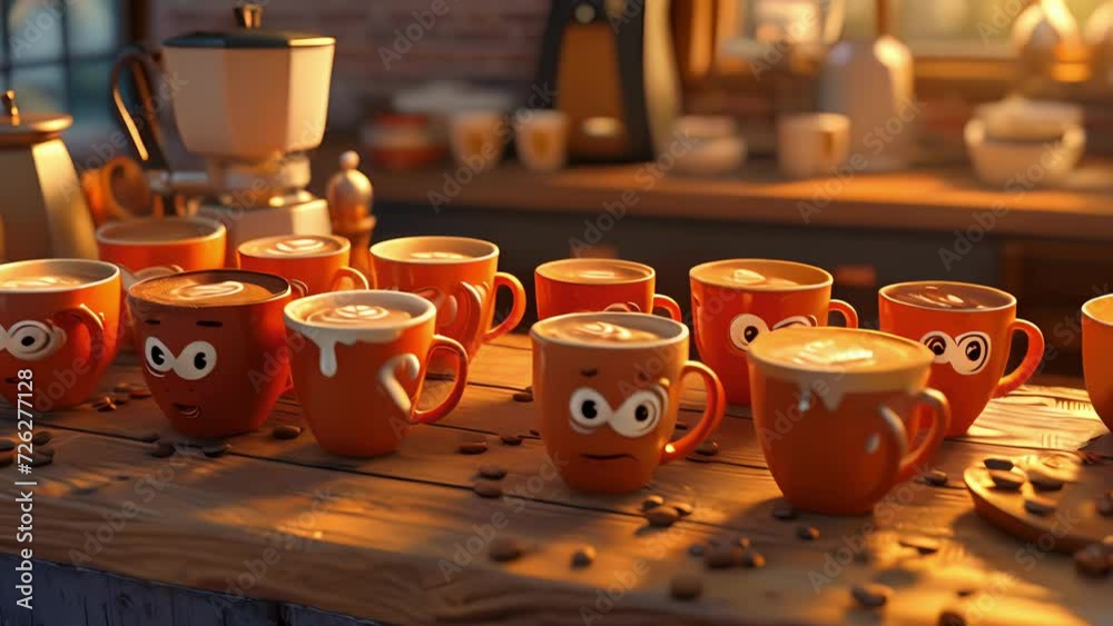 Cartoon animation As a barista demonstrates latte art a group of mugs ...