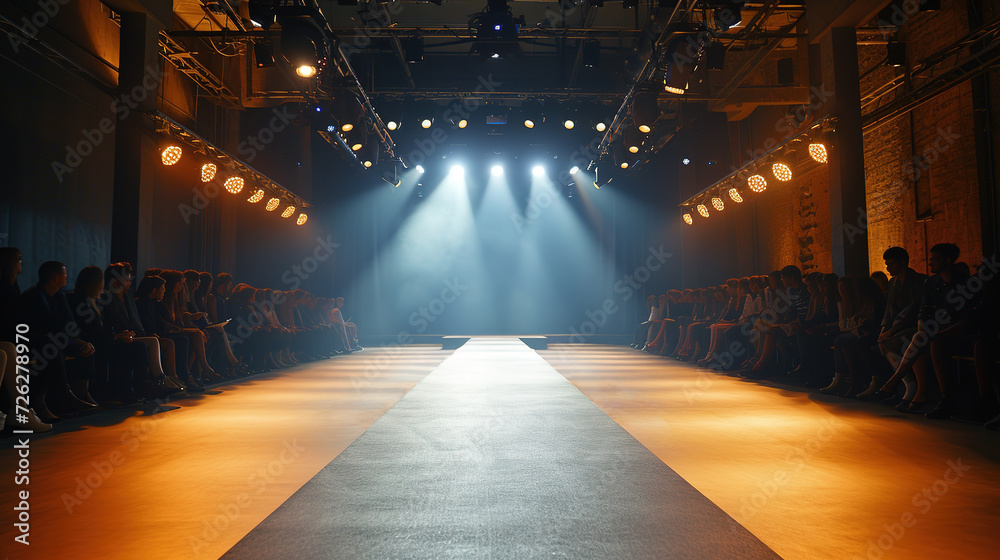 Empty floodlit catwalk for a fashion show with an audience. Trendy ...