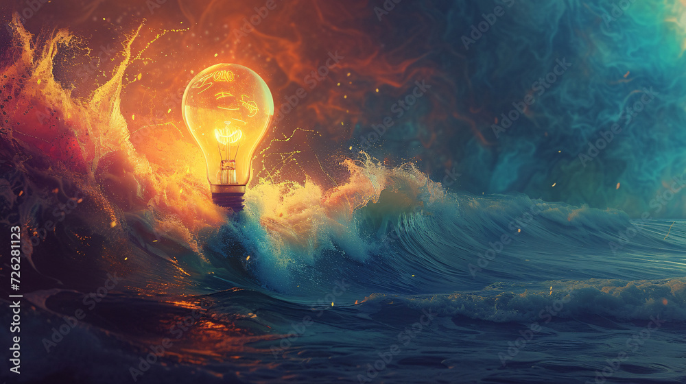 Surreal Enlightenment, Light Bulb Blasting Off as a Rocket amidst a ...