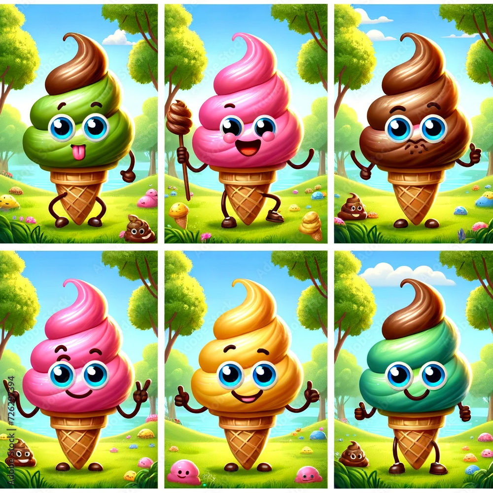Whimsical colourful rainbow Pile of Poop Characters Enjoying Park Fun ...