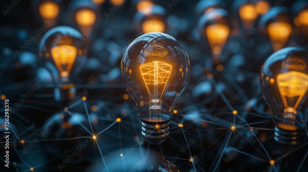 Light Bulb Network, Connected light bulbs illuminate a dark space ...