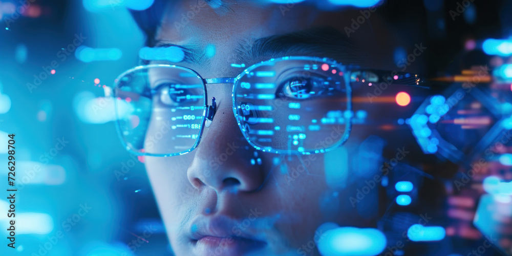 Asian man wear glasses looking Line of Code Projected on Face and Reflecting. Software Developer ...
