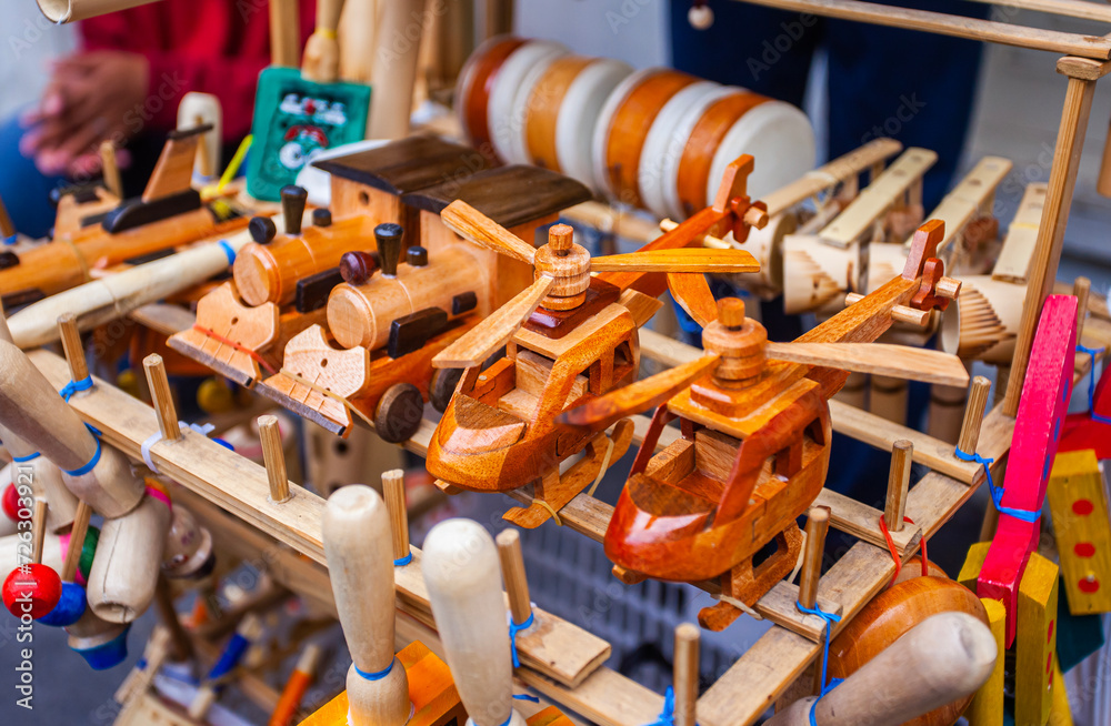 Various classic traditional children's toys are sold at street vendors ...